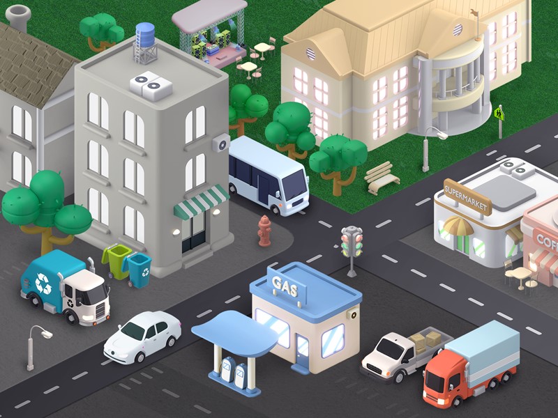 3D Isometric Maps Buildings and Transportation Illustrations